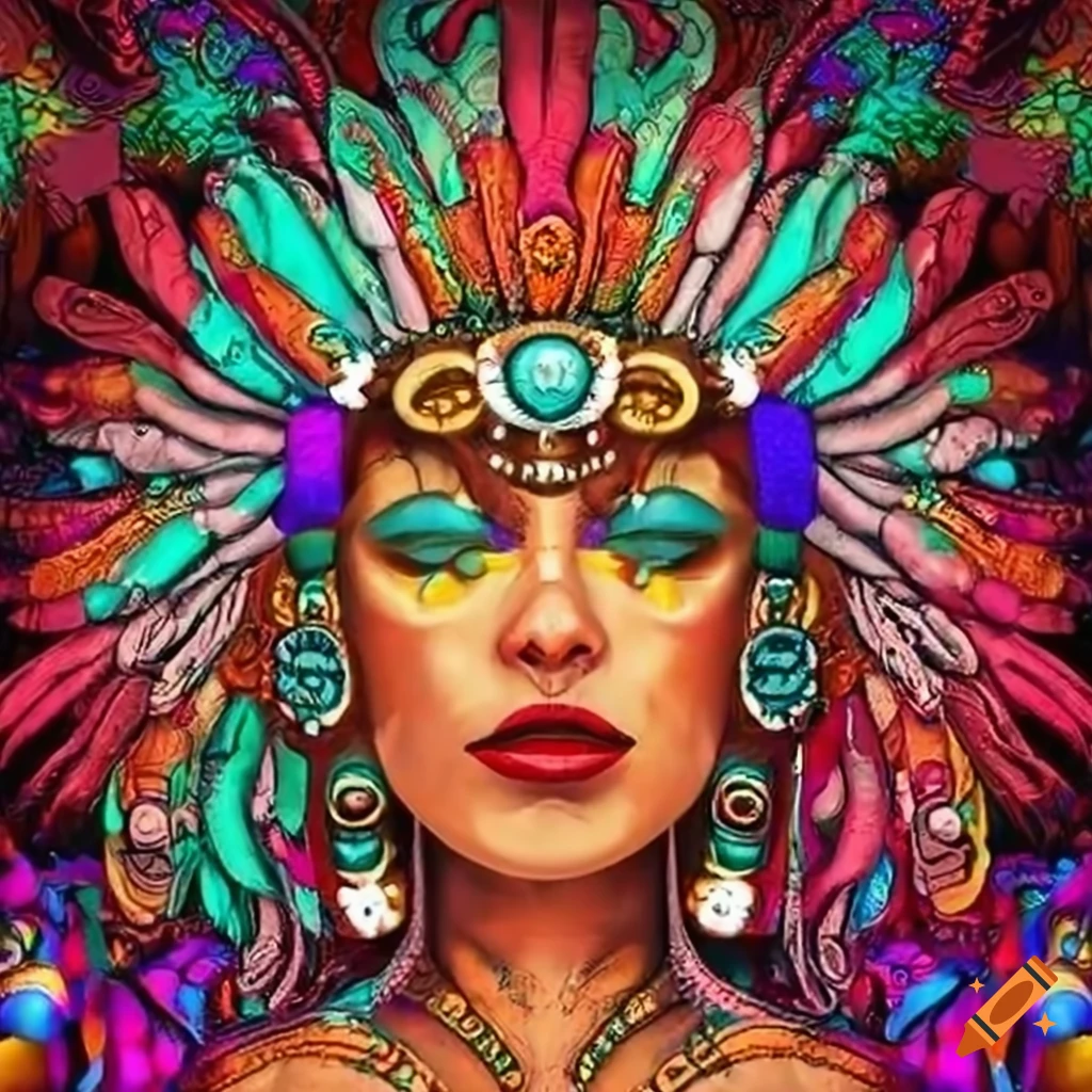 Aztec goddess of coffee beans with colorful headdress on Craiyon