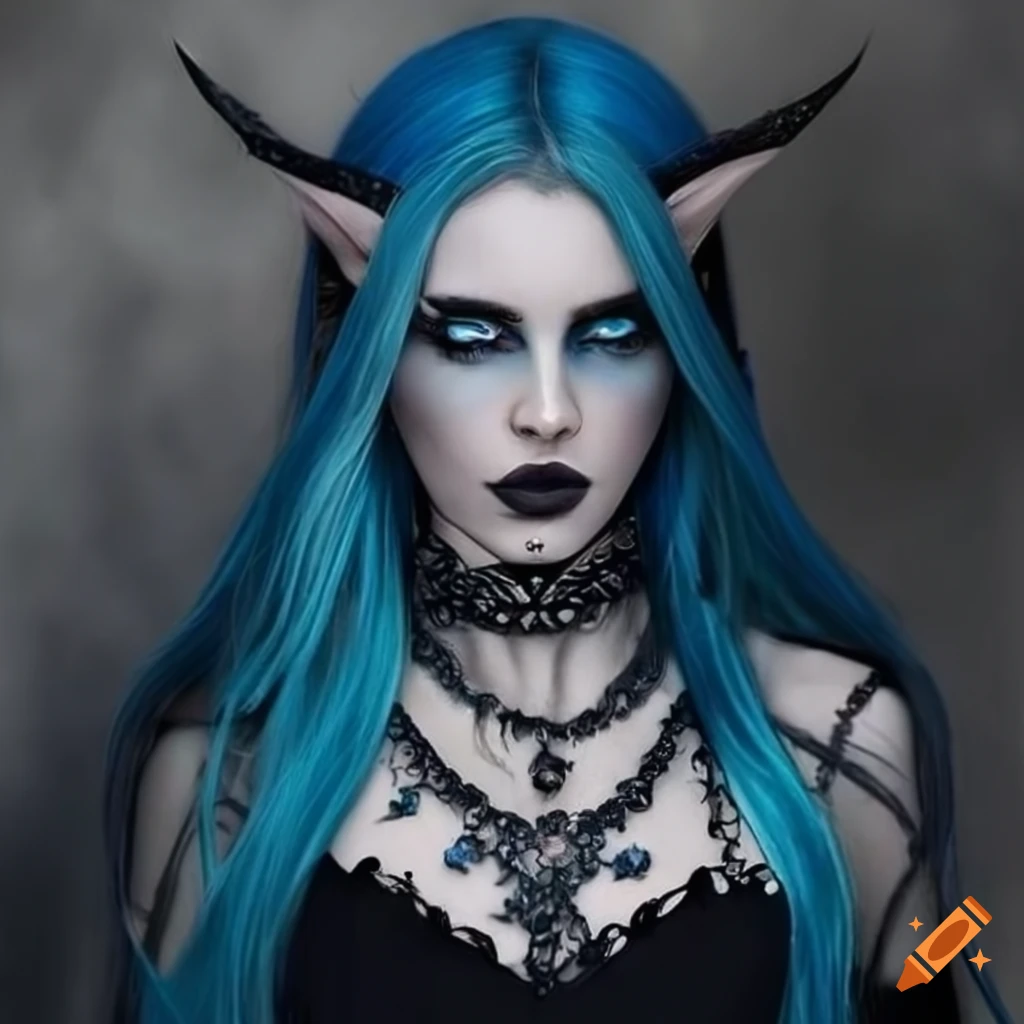 Stunning gothic dark elf with blue hair and blue eyes on Craiyon