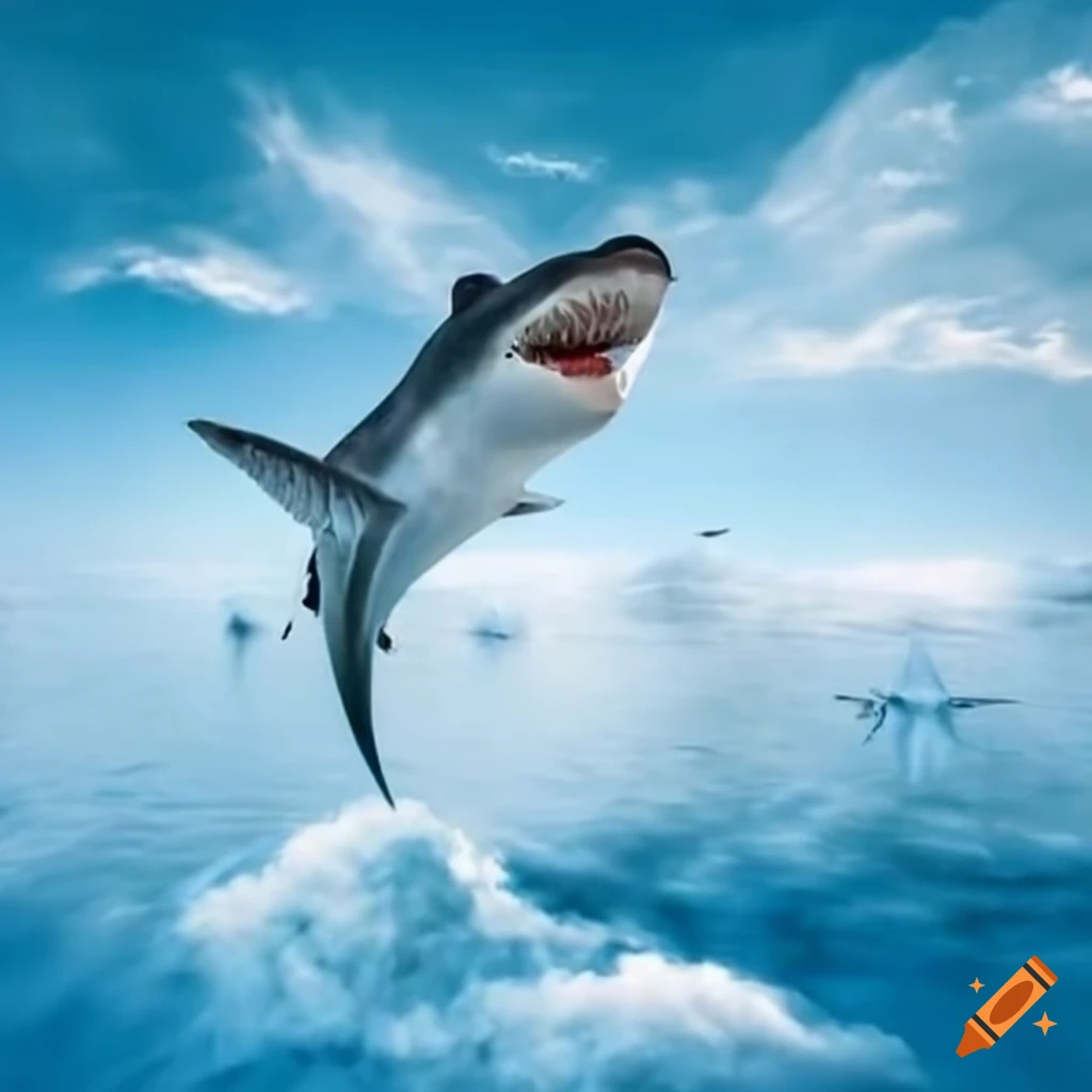 Sharks with wings flying in the clouds on Craiyon