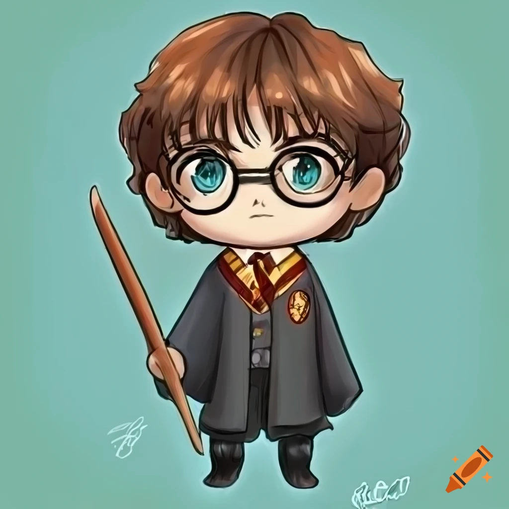 Chibi Harry Potter holding a laptop with a programmer look on Craiyon
