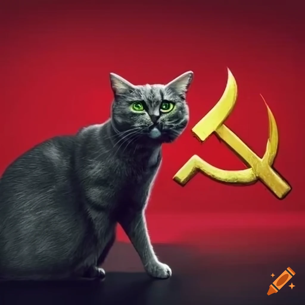 Communist cat holding a red pin with hammer and sickle emblem on Craiyon