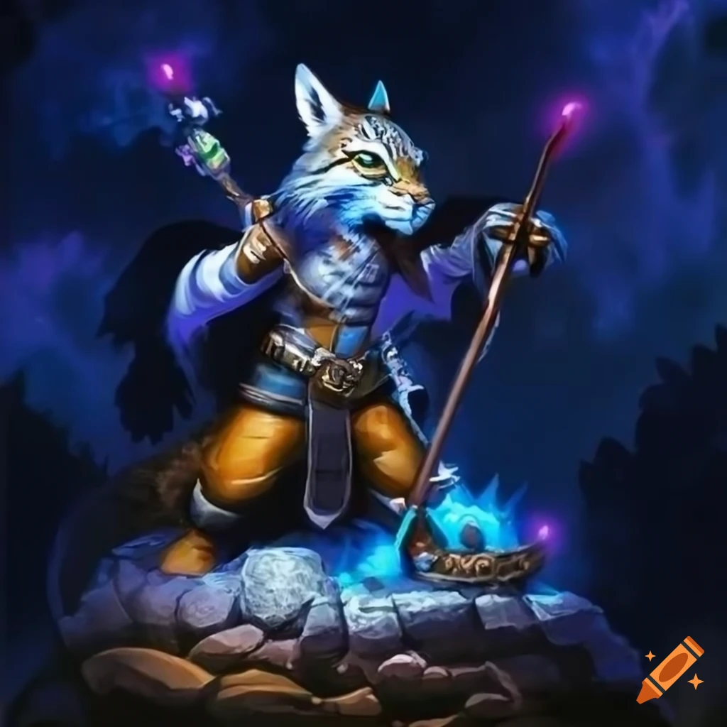 Detailed bobcat tabaxi wizard with glowing staff in Simon Bisley art ...