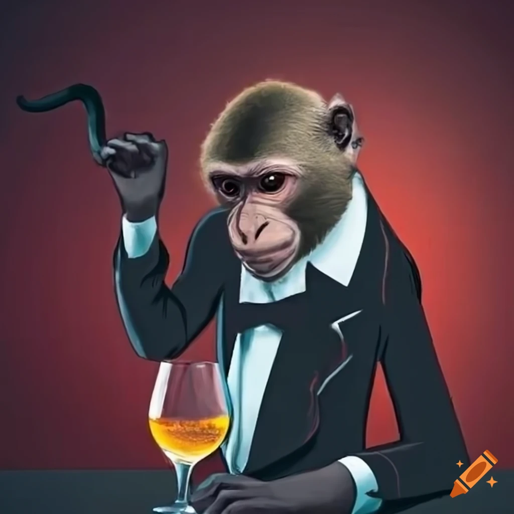 Monkey in a tuxedo sitting in a wine glass on Craiyon