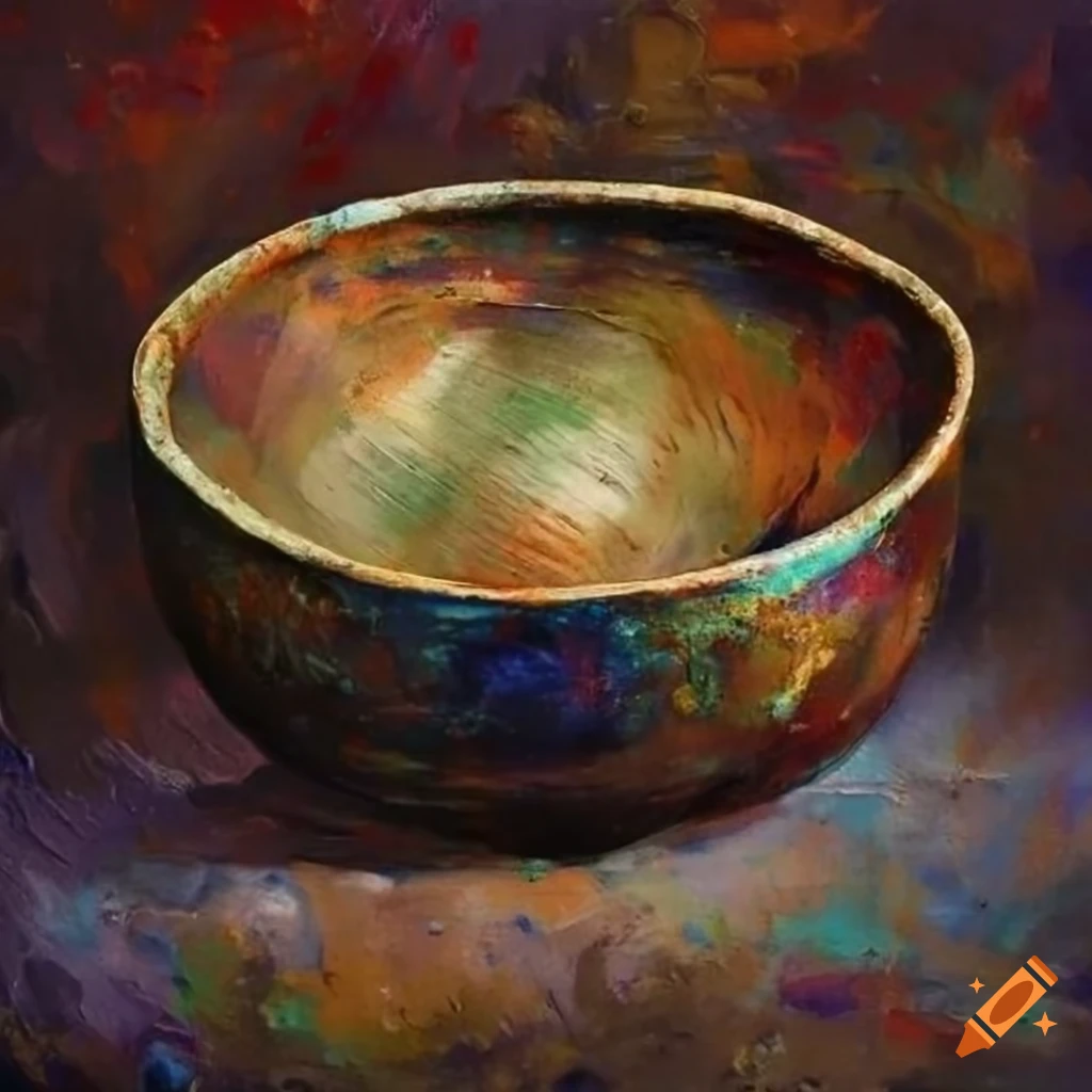 Ancient bronze wide-rimmed bowl in a plain design and drawn style on ...