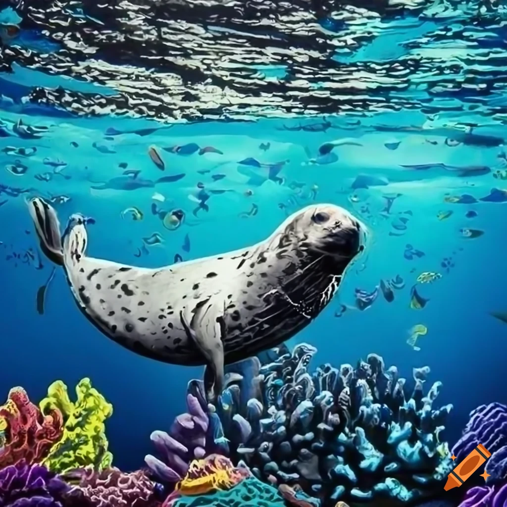 Seal in underwater world surrounded by colorful fish and vibrant corals ...