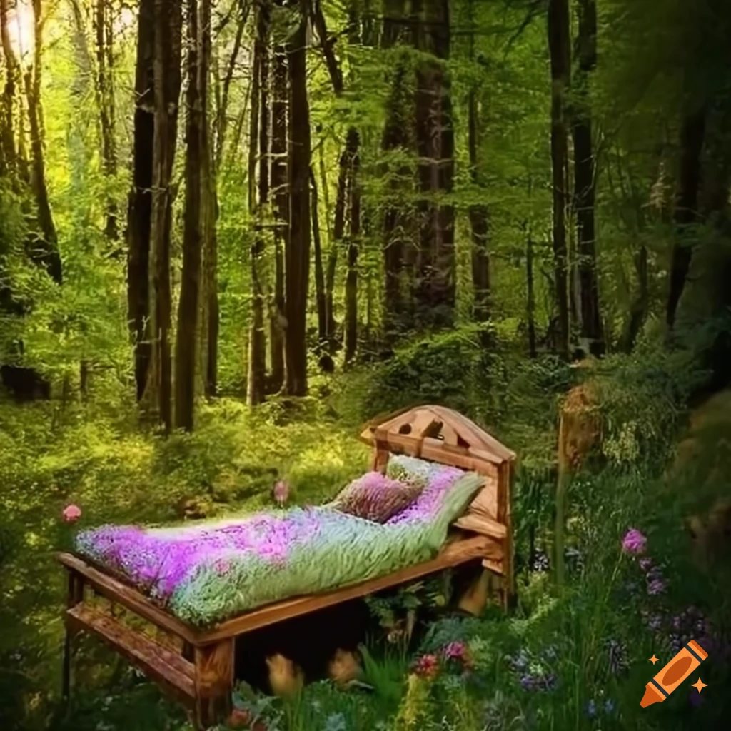 Whimsical forest hideaway with a cozy sunlit glade and bed surrounded ...