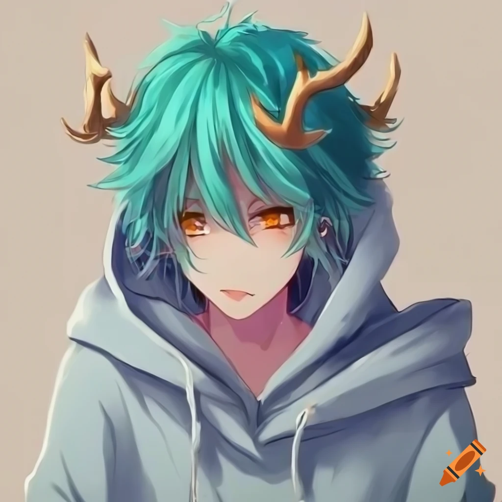 Anime boy satyr with white hoodie and teal hair on Craiyon