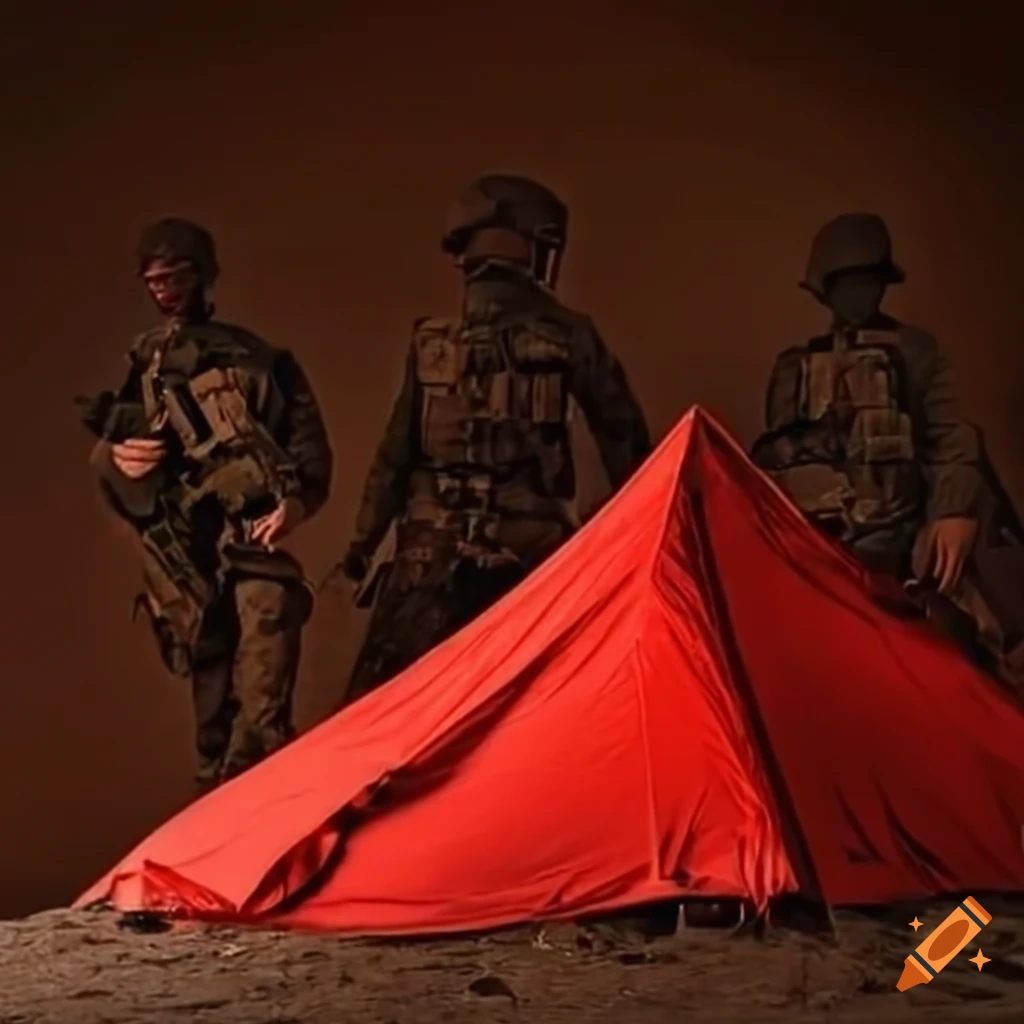 Red tent with a soldier in the background on Craiyon