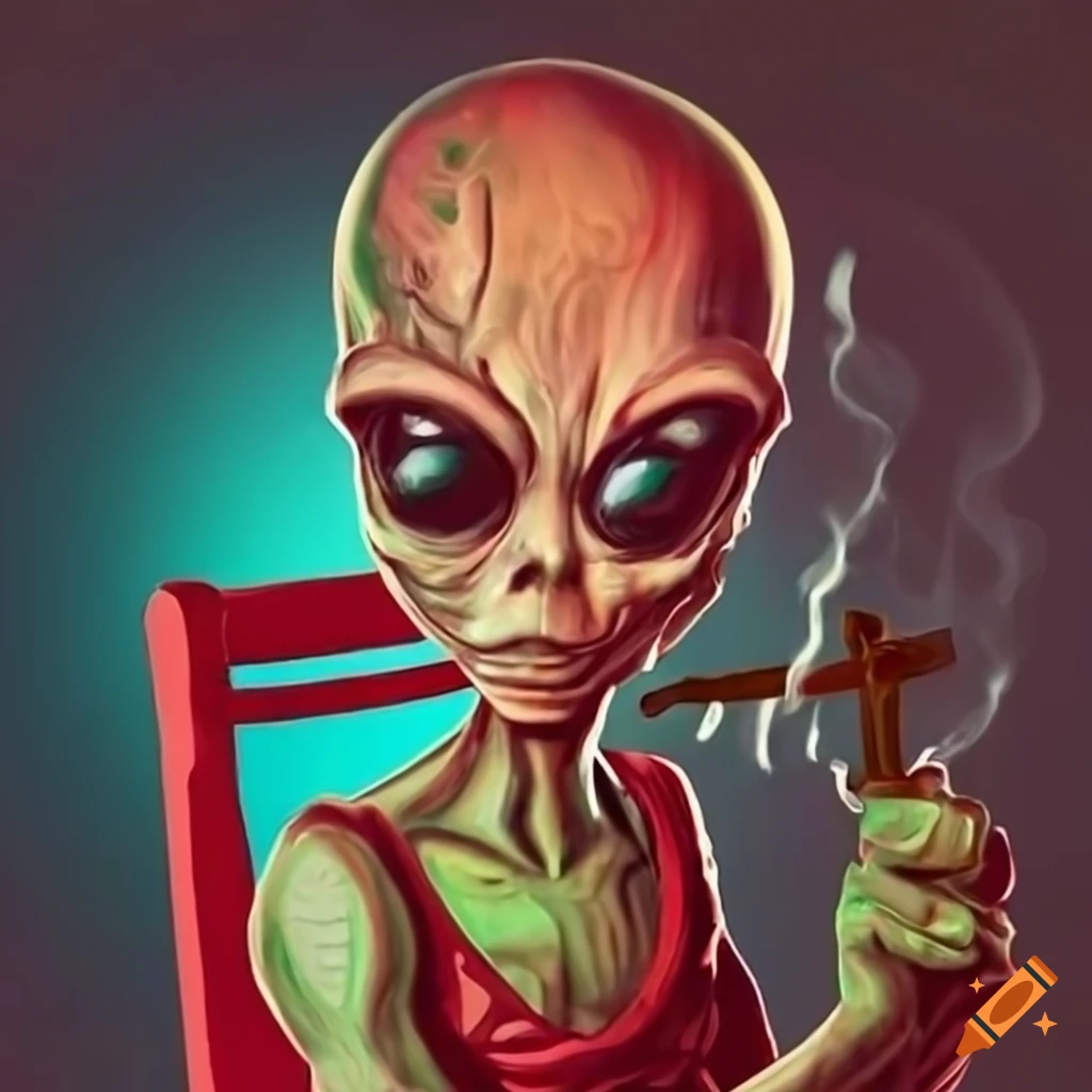 Alien smoking a big blunt on a beach from a red chair on Craiyon