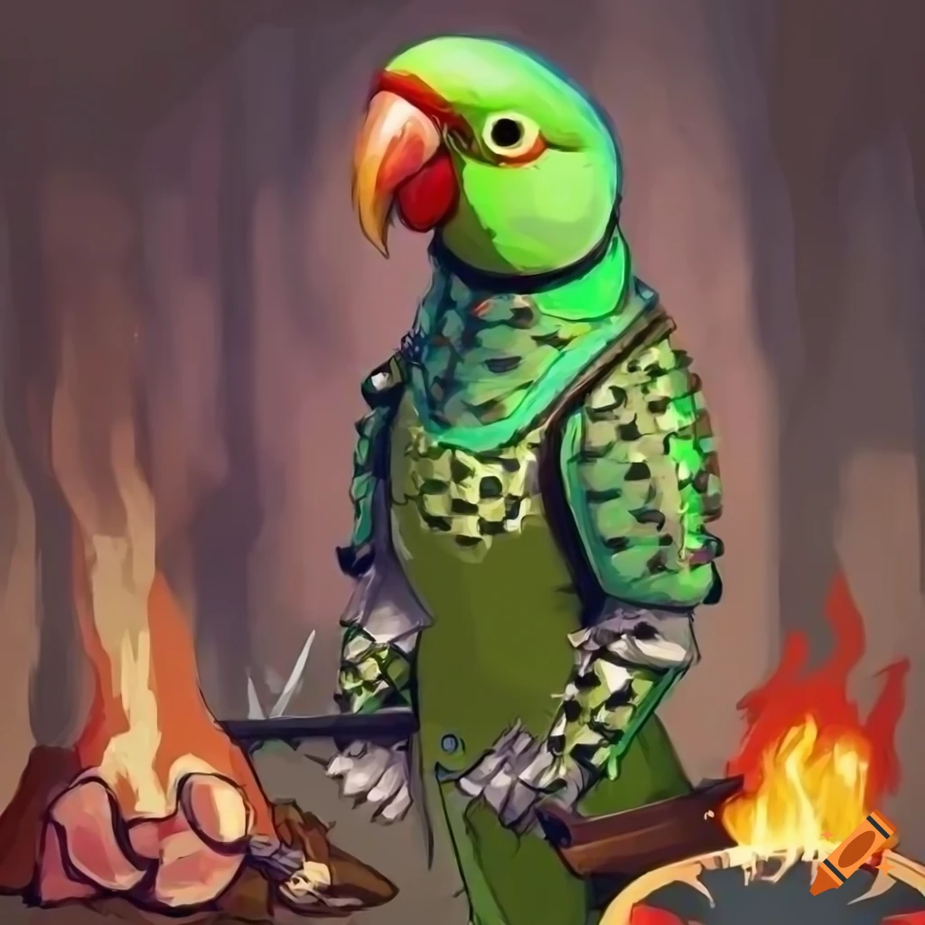 Anthropomorphic alexandrine parrot in studded armor cooking meat at ...