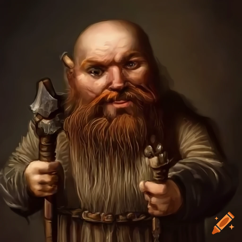 Portrait of a cheerful middle-aged male d&d dwarf with a battle hammer ...