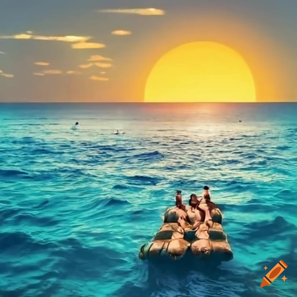 Men on a raft in the middle of the ocean under the bright sun on Craiyon