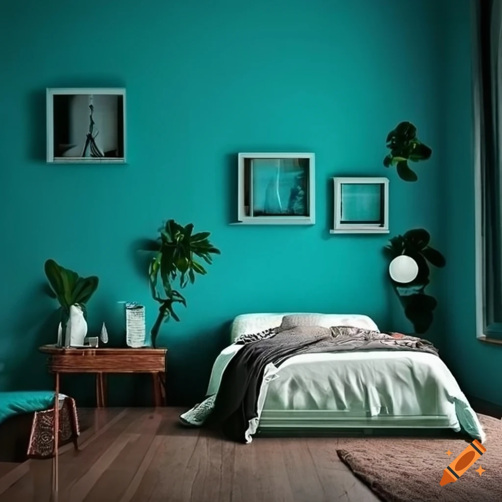 Sensual bedroom with turquoise walls, chestnut furniture, and ...