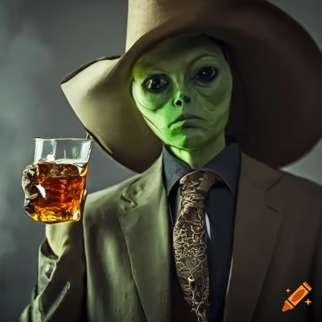 Alien with green skin wearing a cowboy hat, smoking a cigar and holding ...
