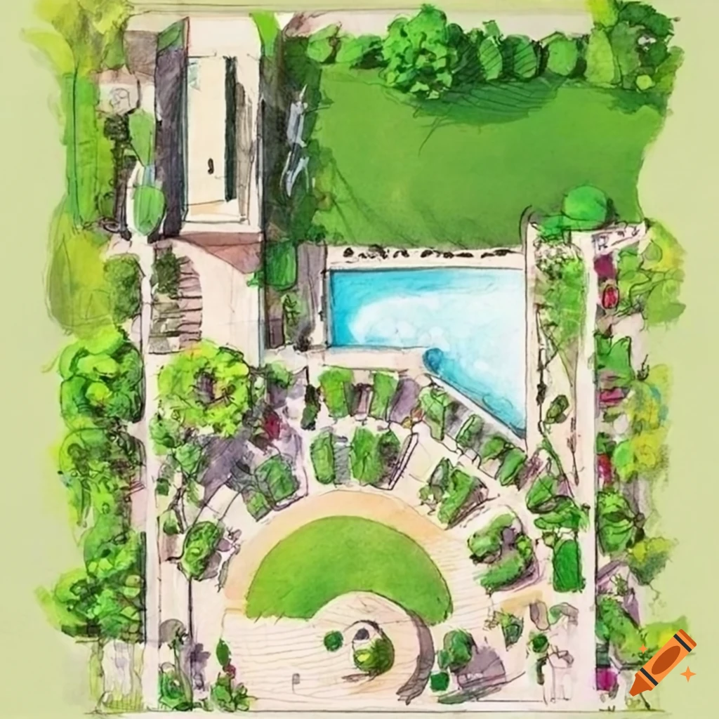 Backyard landscape design sketch from above, birds eye view on Craiyon
