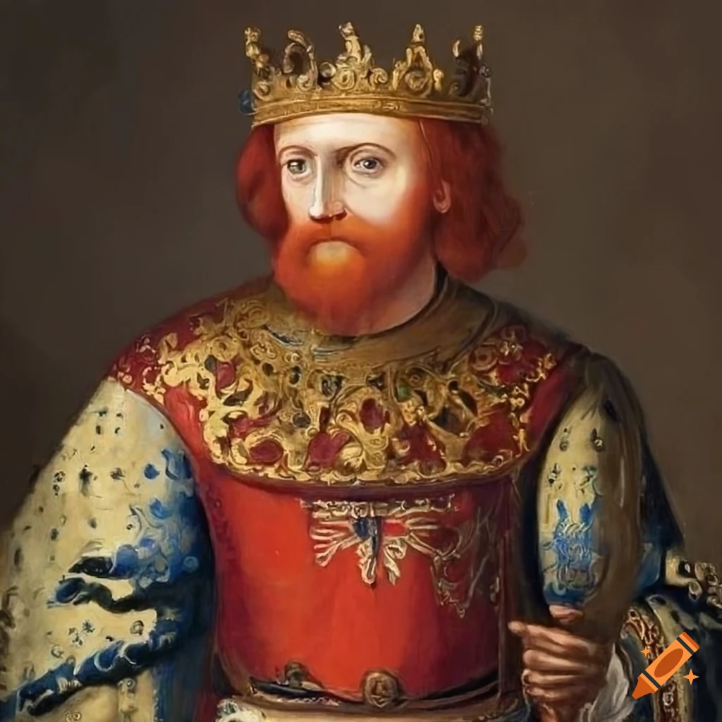 Medieval painting of a tall, handsome king with red hair and a regal ...
