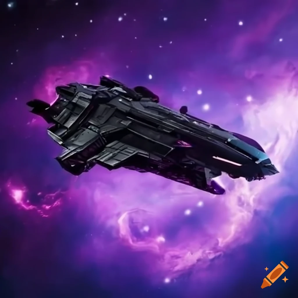 Black corvette class spaceship in a purple nebula on Craiyon