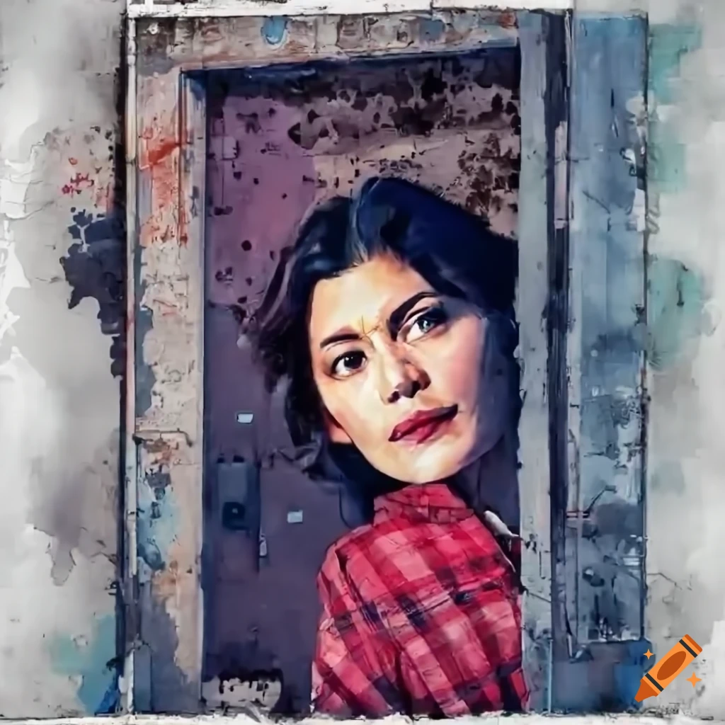 Actress In Red Plaid Shirt And Black Leather Trousers Peeping Through Derelict Building Door On