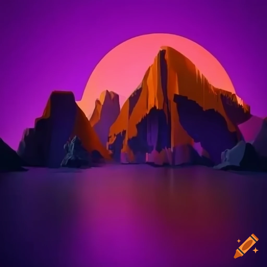 Purple metaverse land with orange mountains and buildings on Craiyon