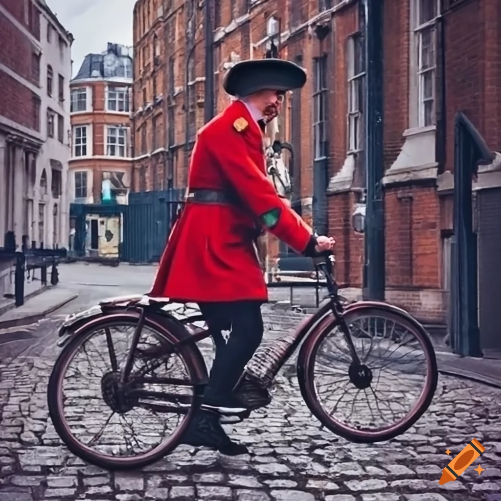 British soldier in red coat riding bike in London on Craiyon