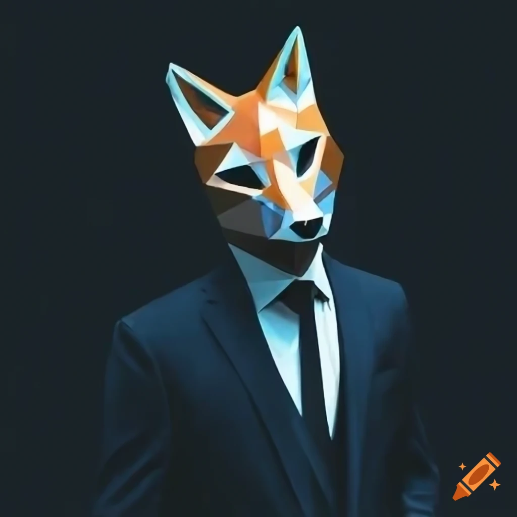Man wearing geometric fox mask in a suit on Craiyon