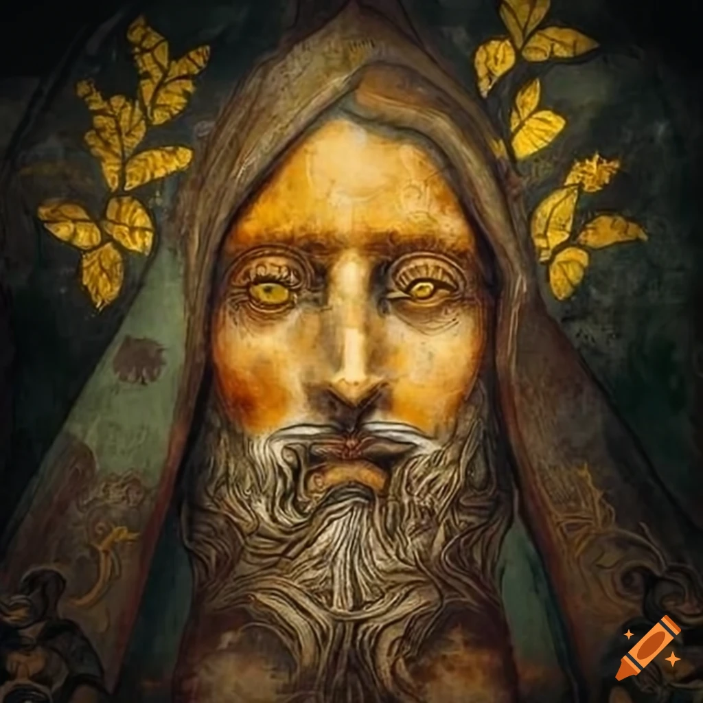 Ancient god with a giant tree with golden leaves on his head and a ...