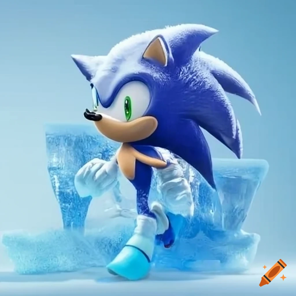 Frozen sonic the hedgehog trapped in ice with icicles on Craiyon