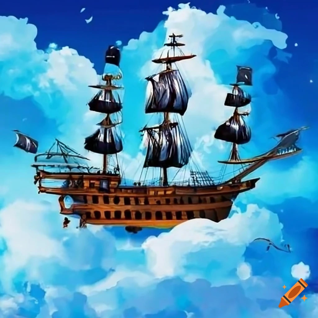 Pirate ship floating among clouds in the sky on Craiyon