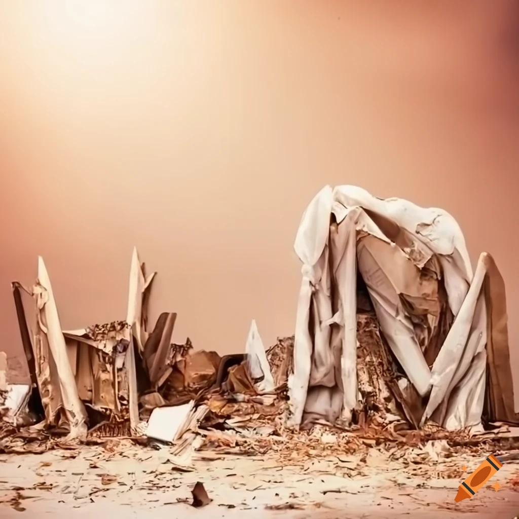 Pile of junk covered with a white drapery in a dramatic landscape on ...