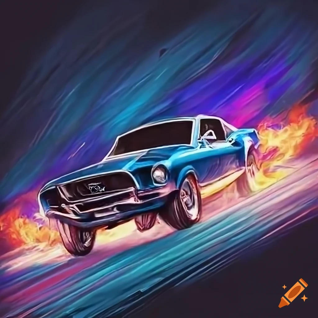 1968 blue ford mustang fastback with flames, in outer space on Craiyon