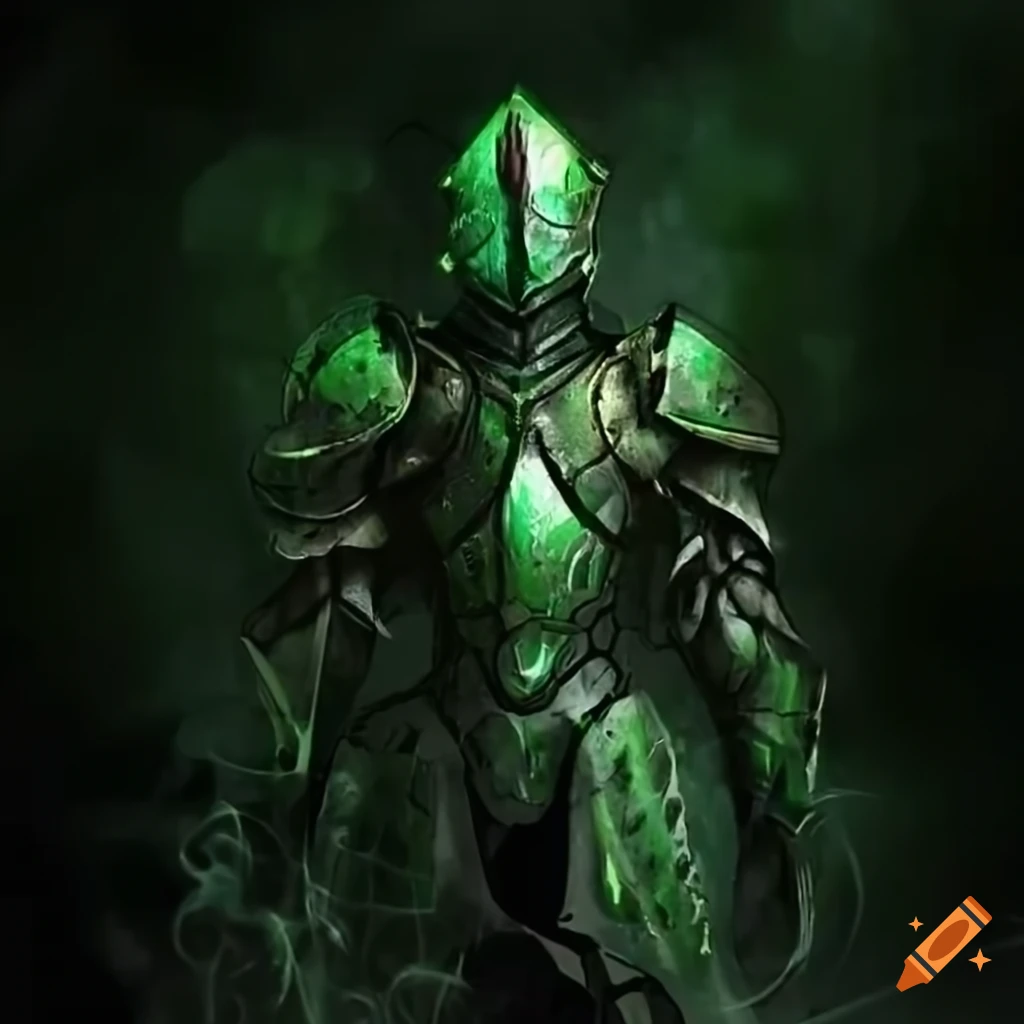 Shadow armor with green eyes and green smoke on Craiyon