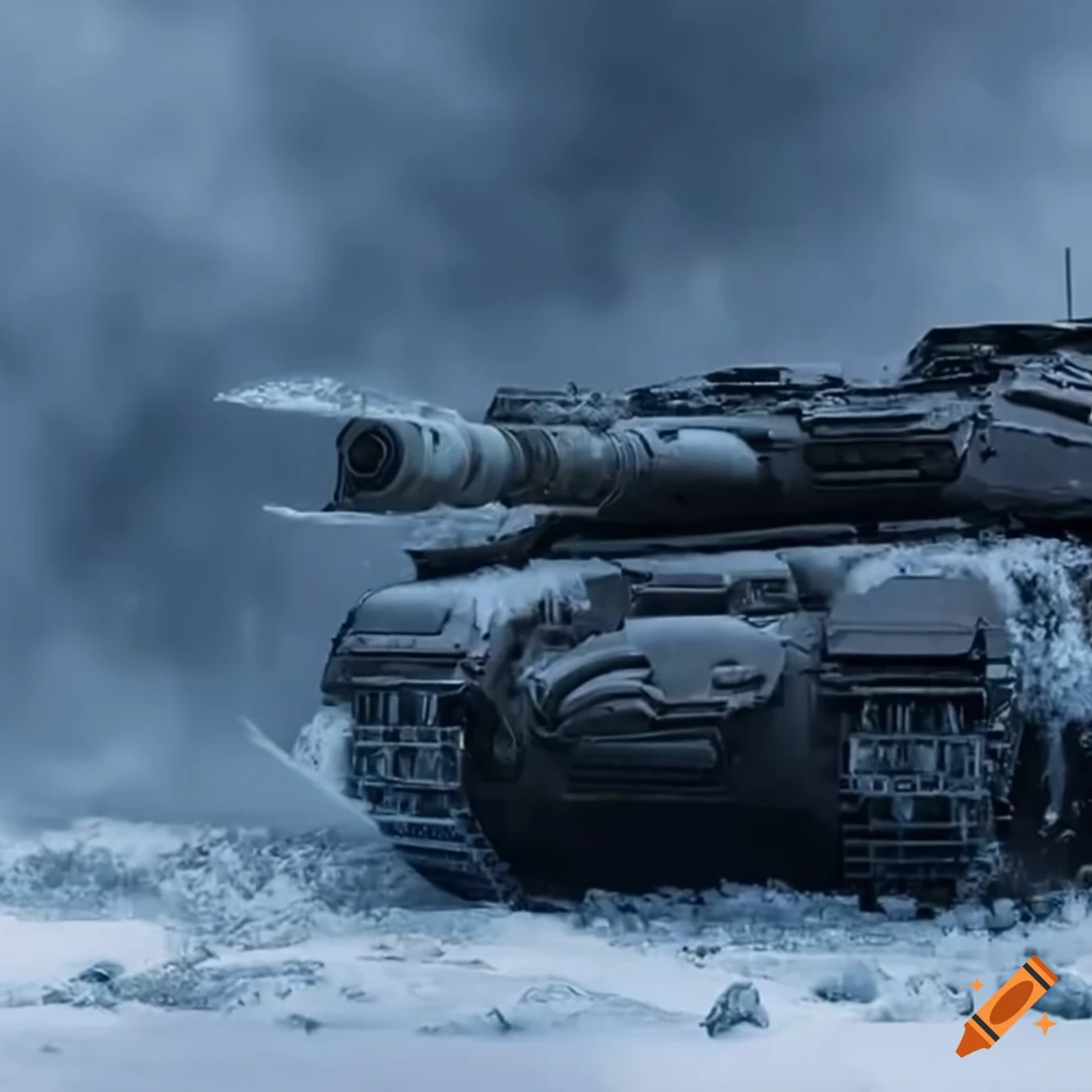 Futuristic military tank covered in ice with a freeze ray in the snow ...