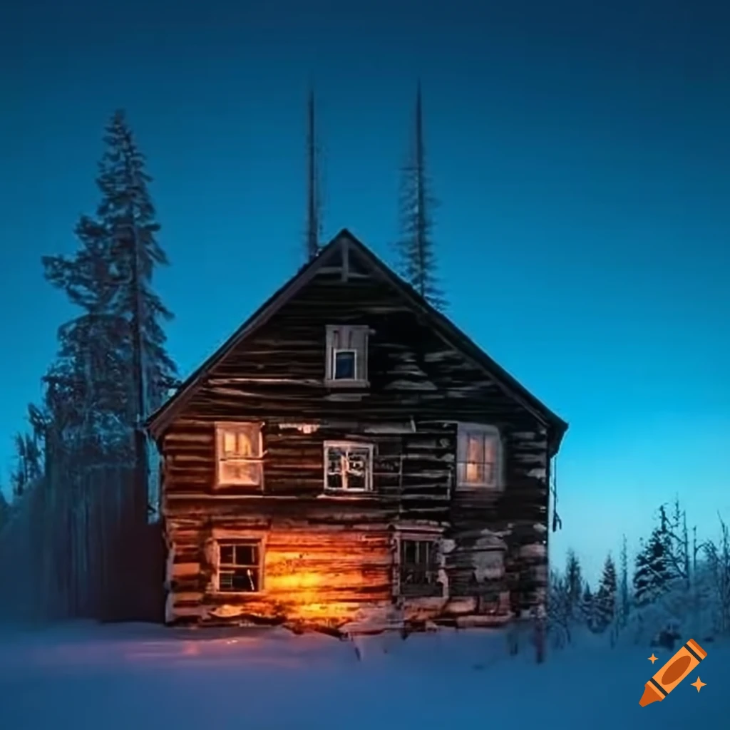 Two-story farmhouse in a Siberian blizzard with dim lights inside on ...
