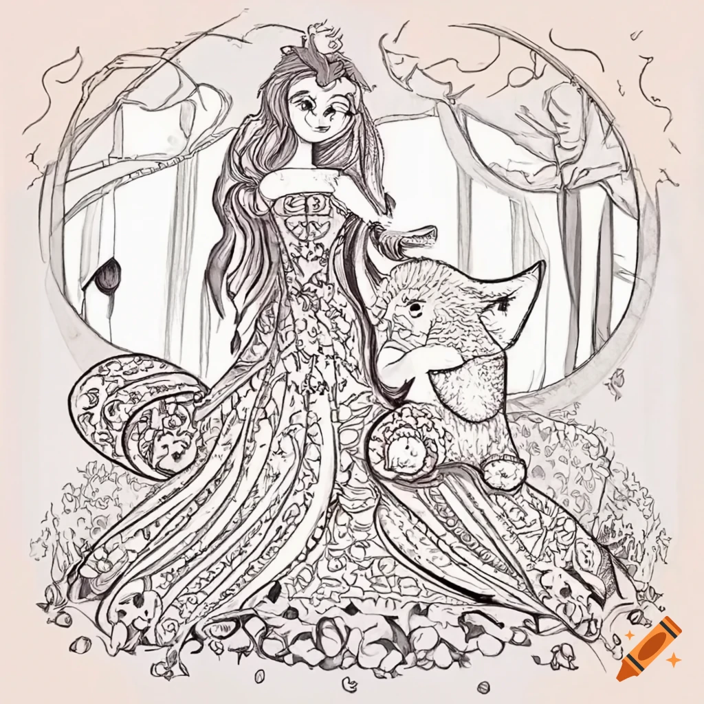 Princess of fox in a magical forest coloring page on Craiyon