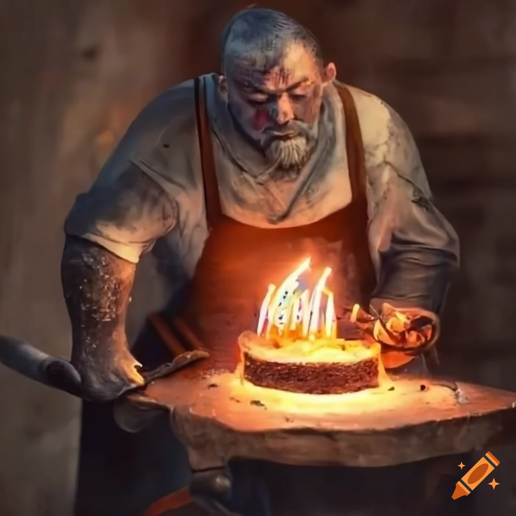 Happy blacksmith forging a birthday cake with a forge on Craiyon