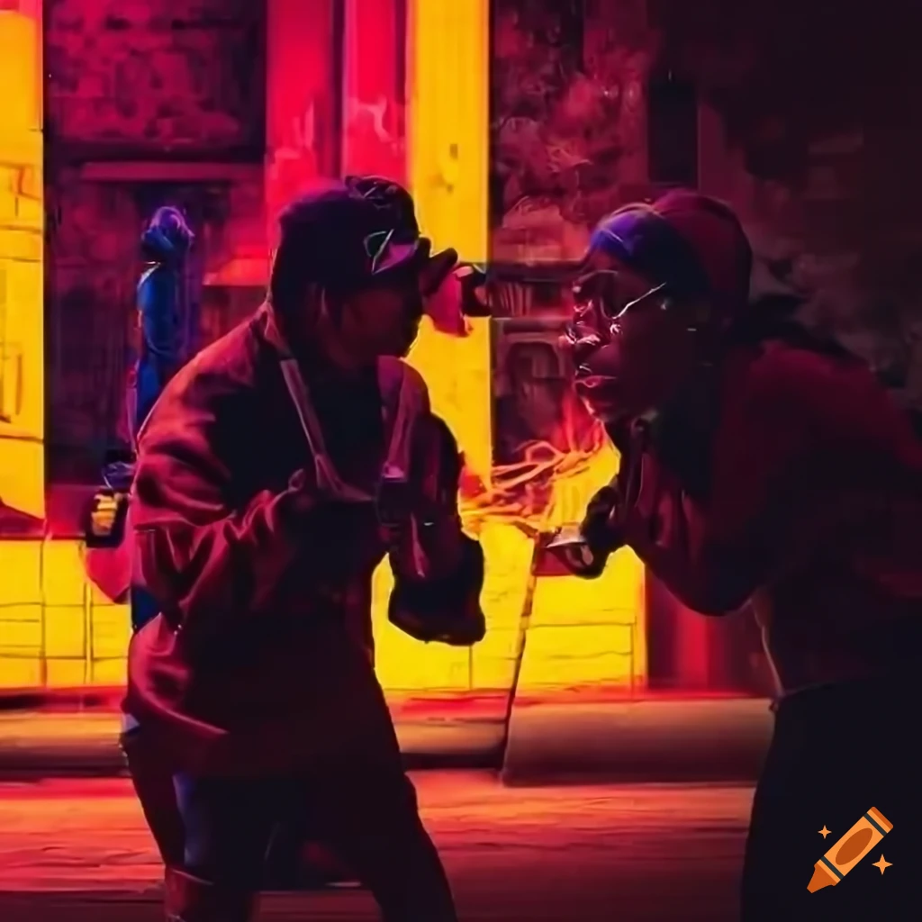 Dynamic rappers performing on urban background with graffiti and neon ...