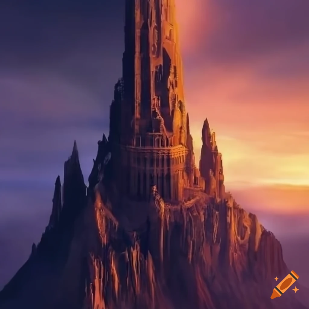 Massive tower on high mountaintop above the clouds in a fantasy setting ...