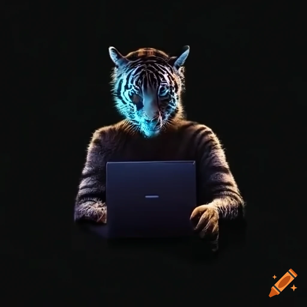 Hacker tiger using a laptop computer on Craiyon