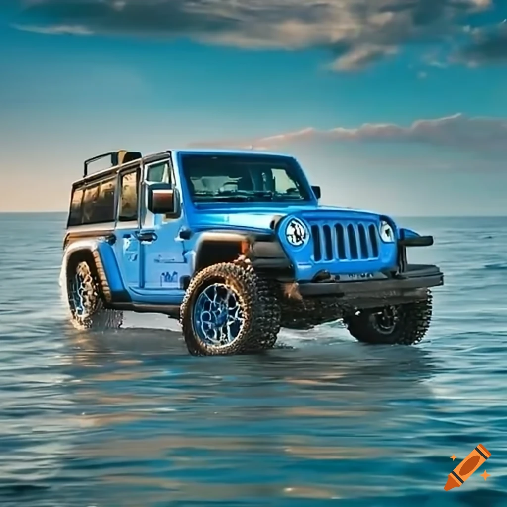 Blue jeep wrangler driving on top of ocean wave on Craiyon