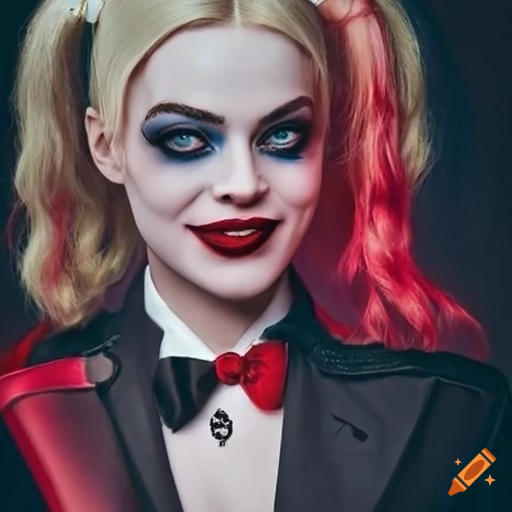 Modern realistic style of harley quinn in a sophisticated tuxedo on Craiyon
