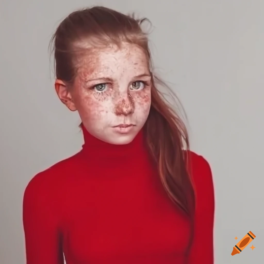 Portrait of a cute freckled girl in a red turtleneck shirt on Craiyon