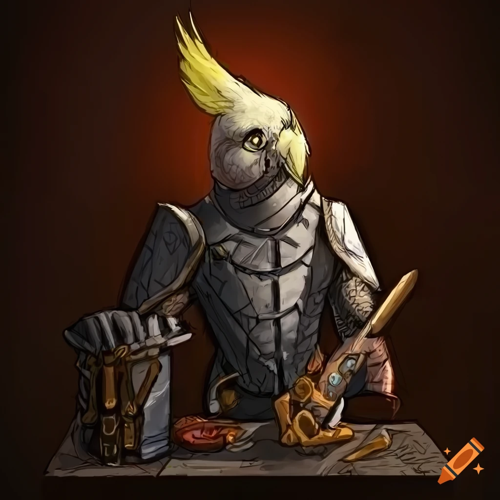 Anthropomorphic cockatiel crafting in studded metal armor in a DnD ...