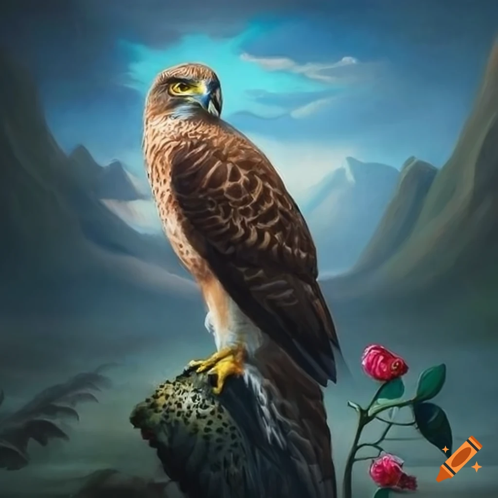 Hawk holding a rose in a surreal landscape oil painting on Craiyon