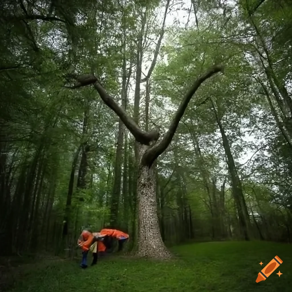Tall tree in a natural setting with a person using a clinometer to ...