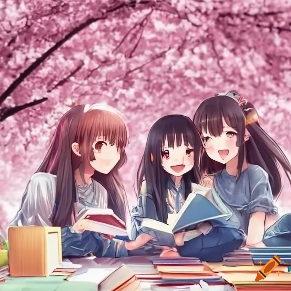 Cheerful anime girls reading books at a cherry blossom book market on ...