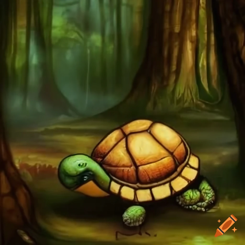 Tommy the turtle exploring the forest by a babbling brook on Craiyon