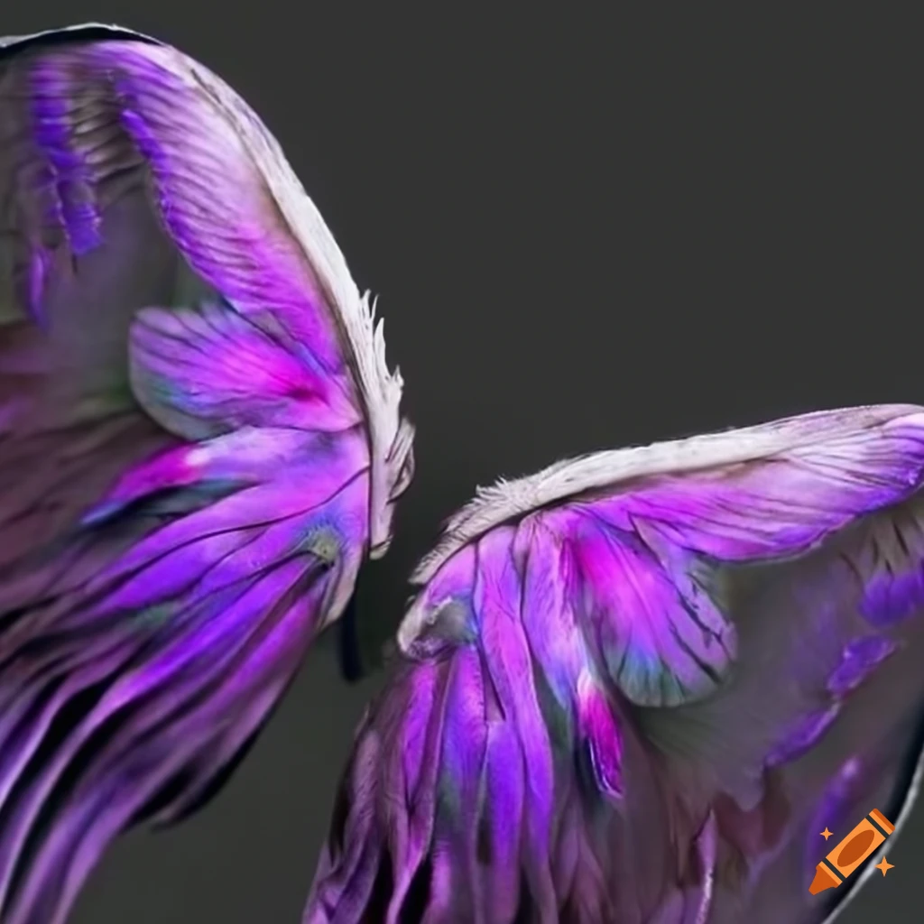 Feathered angel wings in black, white, and violet colors on Craiyon