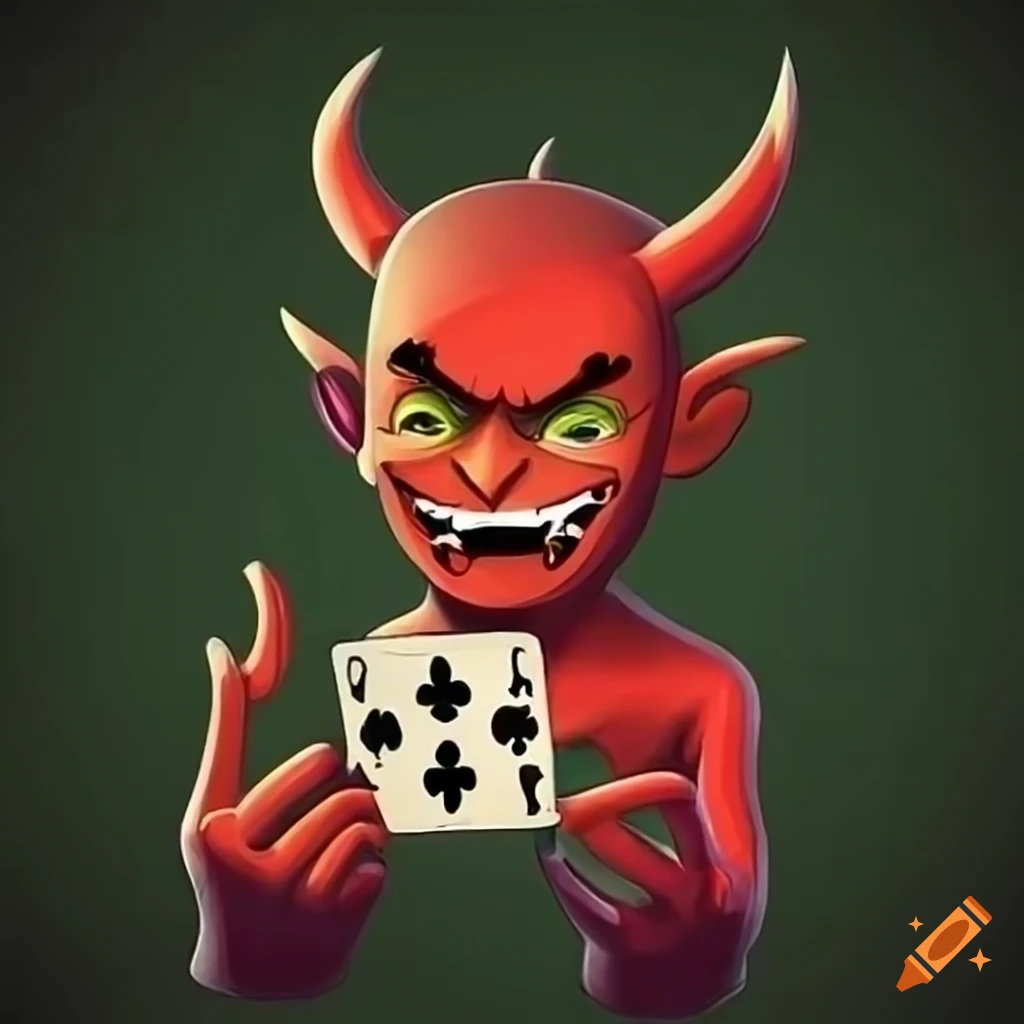 Diablo cartoon character with poker cards in hands on Craiyon