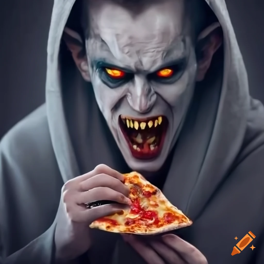 Man vampire in a gray cape looking at a pizza on Craiyon