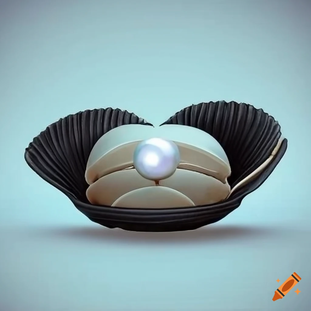 Opened clamshell with a beautiful pearl in black and white on Craiyon
